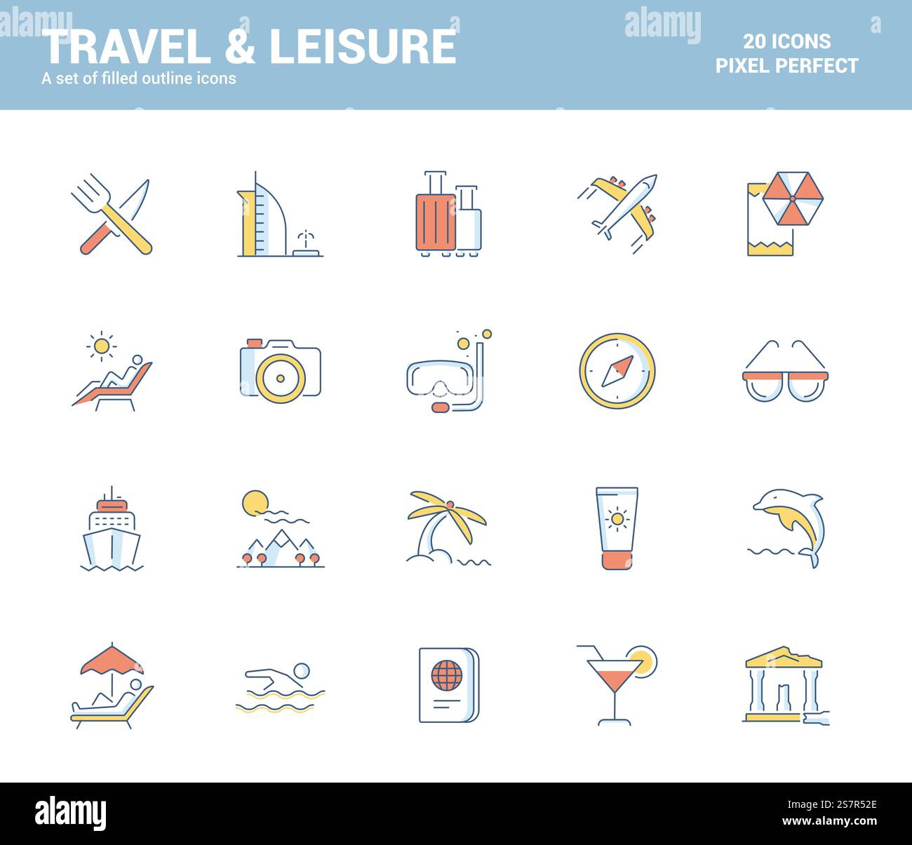 Set of flat line filled icons for Travel and Leisure theme, suitable ...