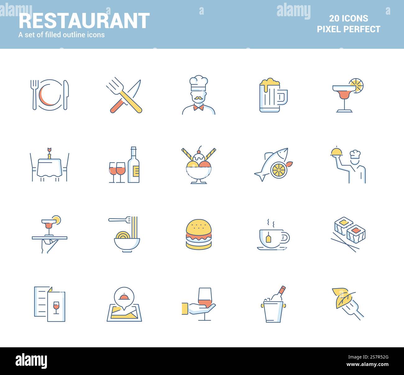 Set of flat line filled icons for Restaurant theme, suitable for mobile ...