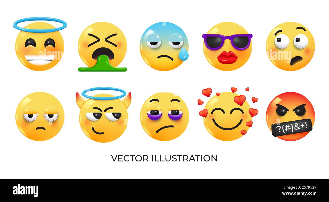 Set of IEmoji icons. Realistic Yellow Glossy 3d Emoticons face on ...
