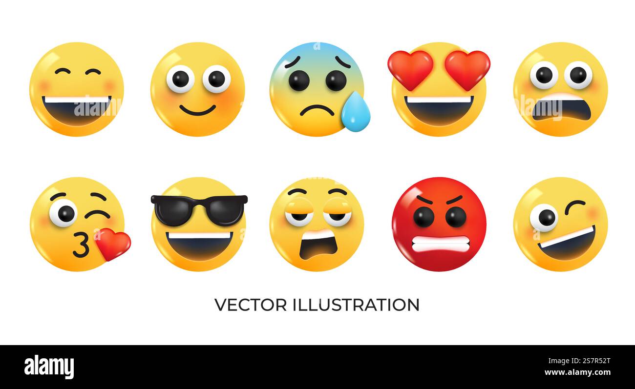 Set of IEmoji icons. Realistic Yellow Glossy 3d Emoticons face on ...