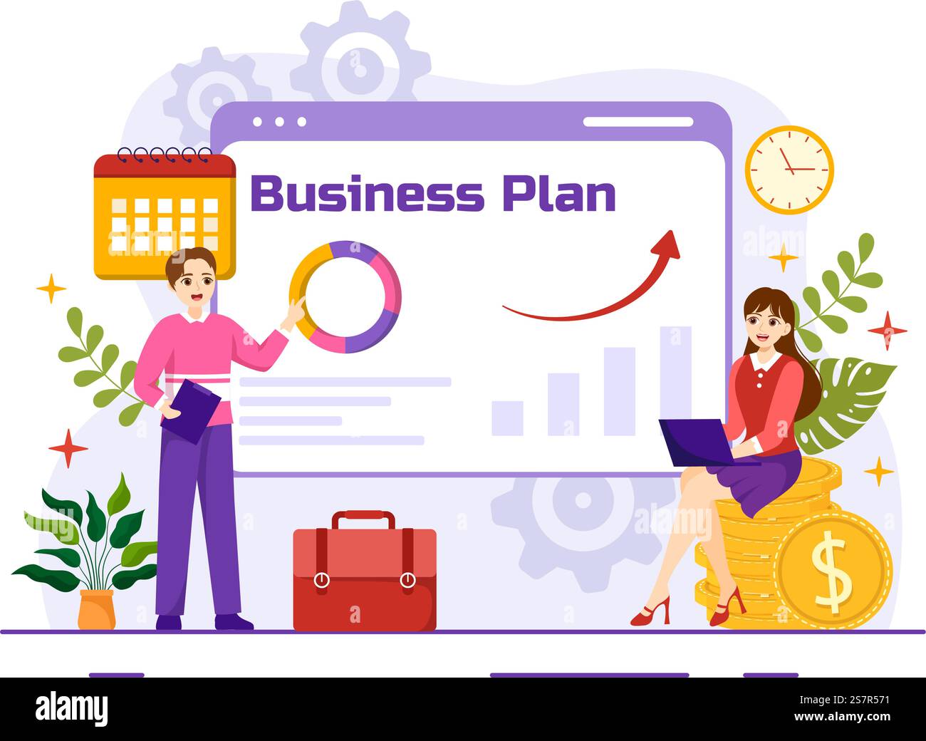 Business Plan Vector Illustration with Target, Planning, Workflow, Time ...