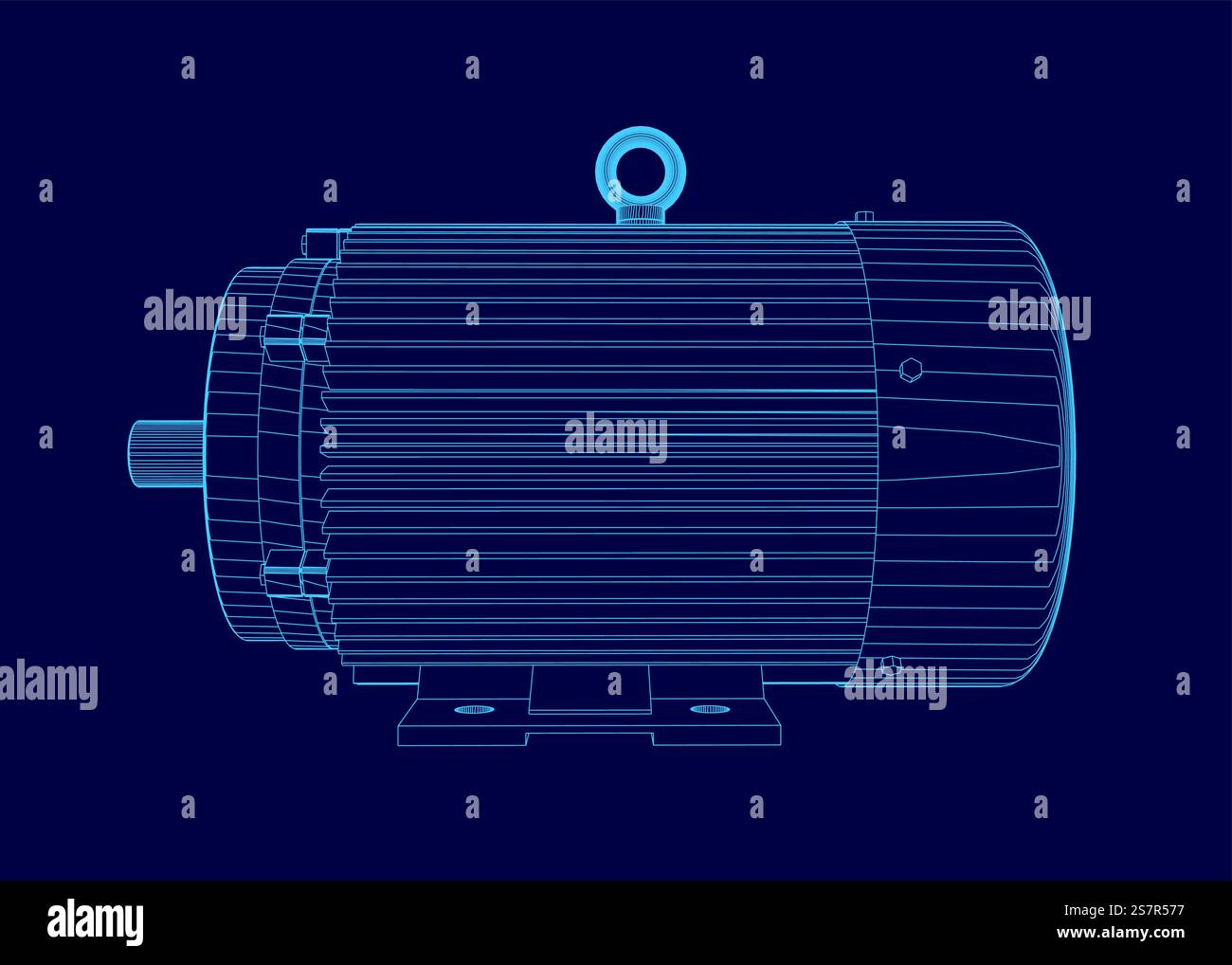 Blue drawing of a motor. The motor is shown in a 3D format. The motor ...