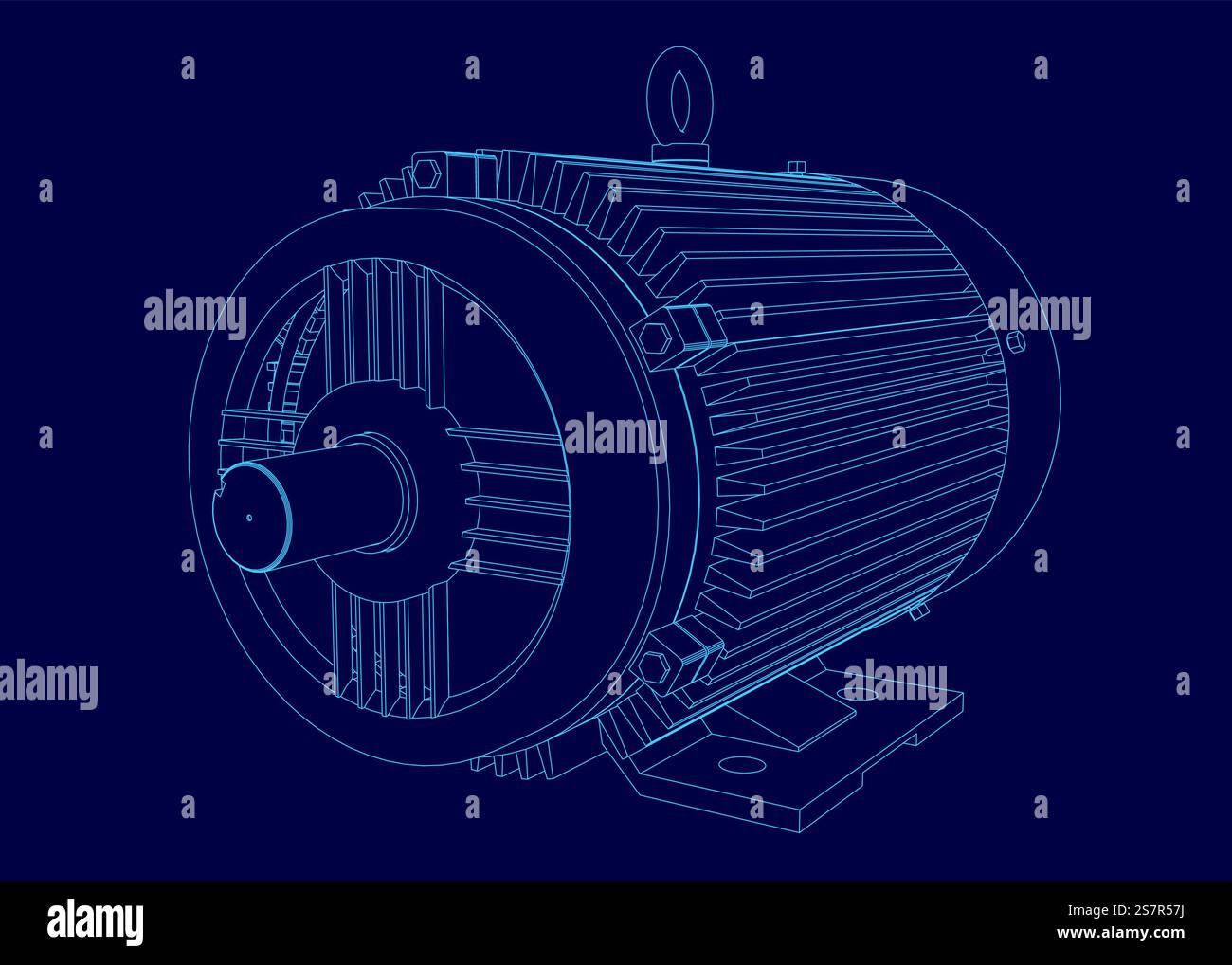Blue drawing of a motor. The motor is shown in a very detailed way ...