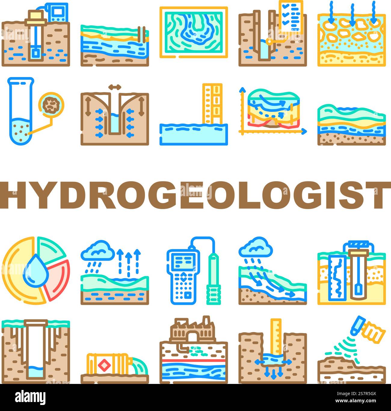 hydrogeologist industrial icons set vector. geology industry, pipe ...
