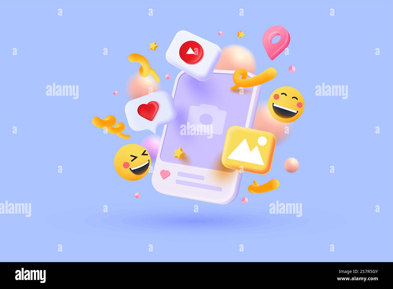 Blank Social network post surrounded with floating elements on purple ...