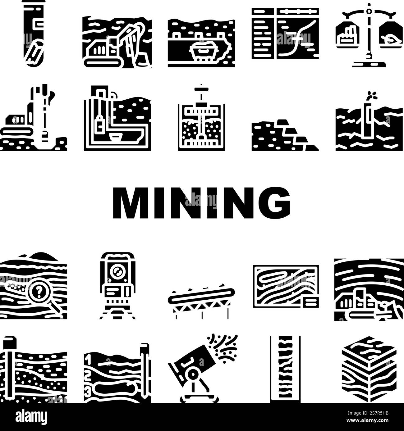 mining engineer industry icons set vector. miner coal, equipment ...