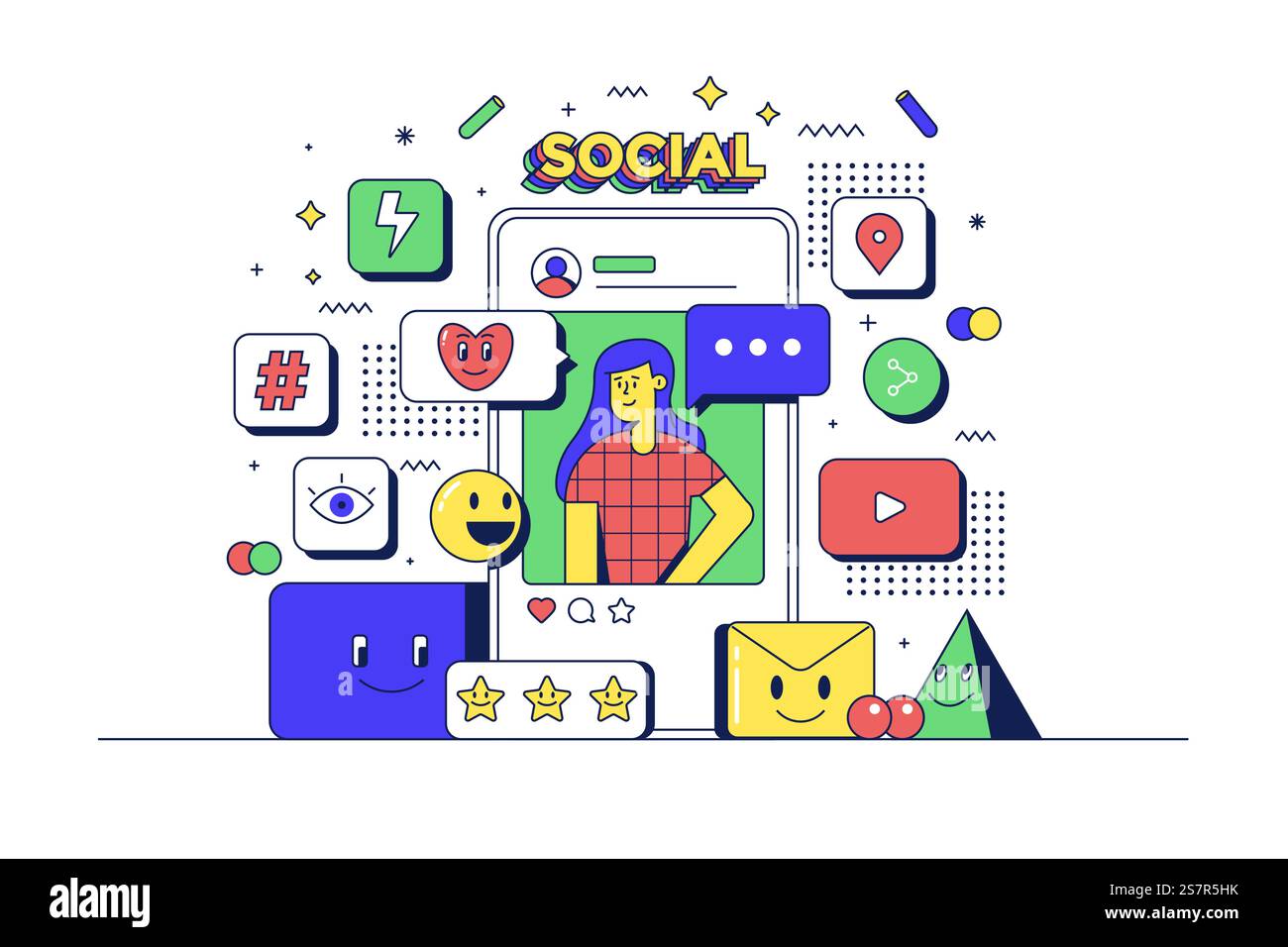 Social Media concept. Mobile phone and related icons. Flat line 90s ...
