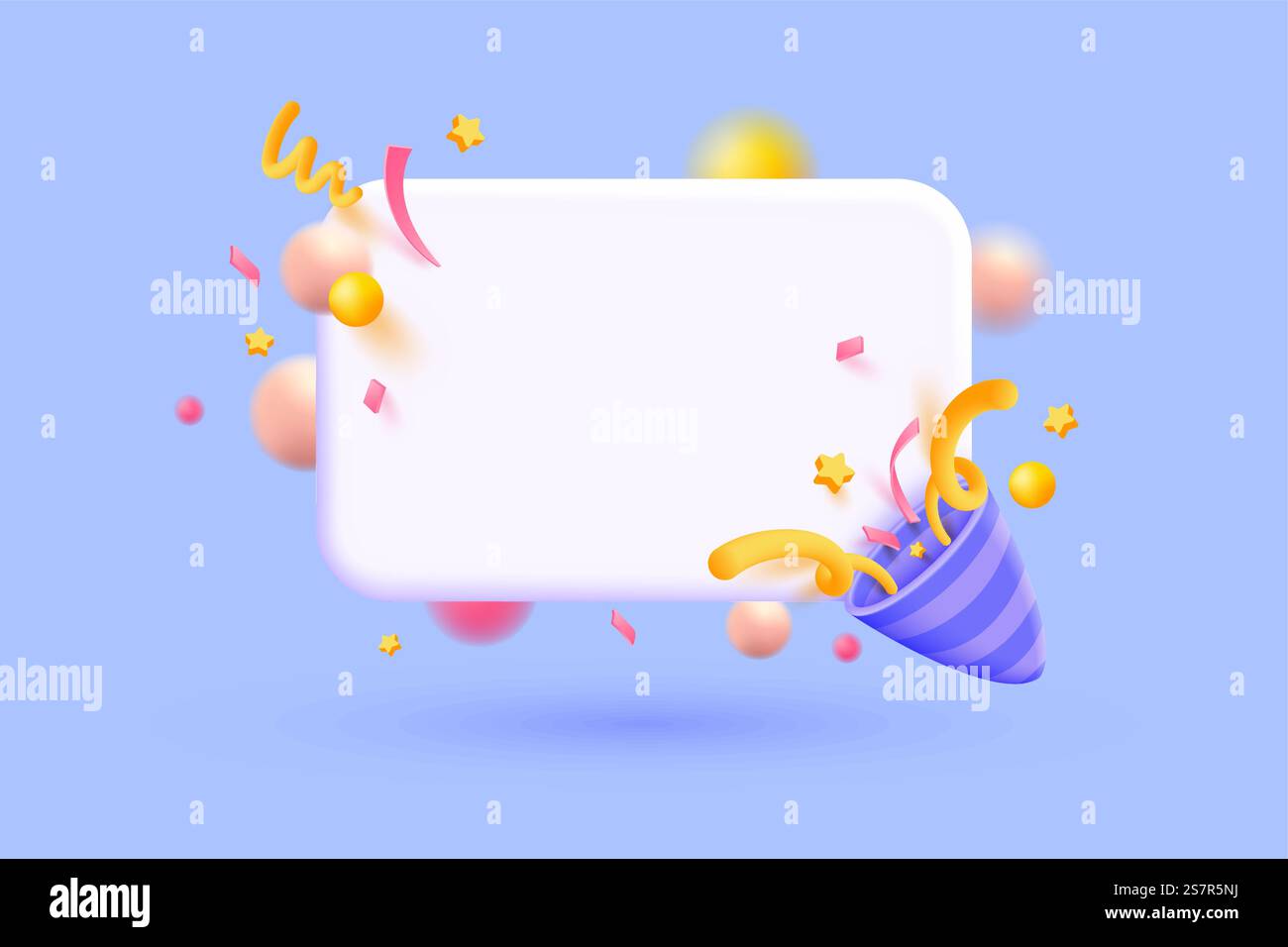 3d Party popper with confetti and bubble message banner. Exploding ...