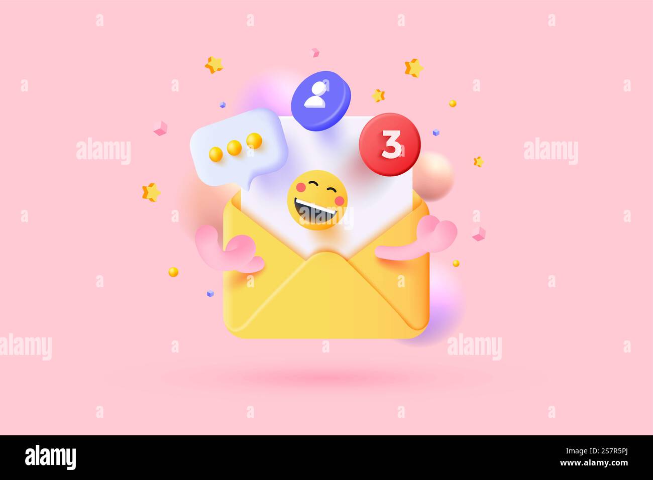 Yellow mail envelope with floating red marker, message box, emoticon ...