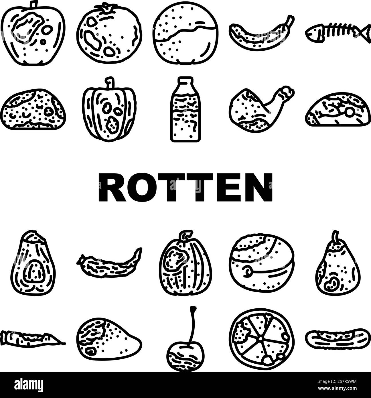 rotten food waste icons set vector. rubbish bad, trash, garbage fruit ...