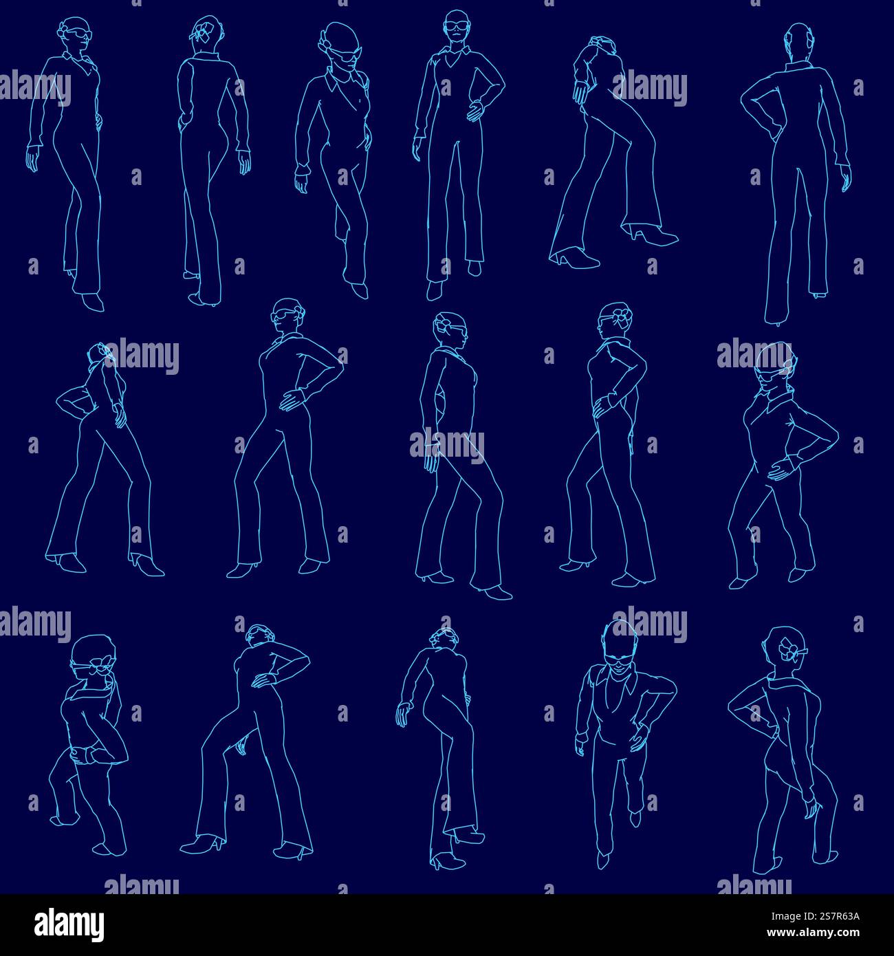 Series of blue drawings of people dancing. The drawings are all in the ...