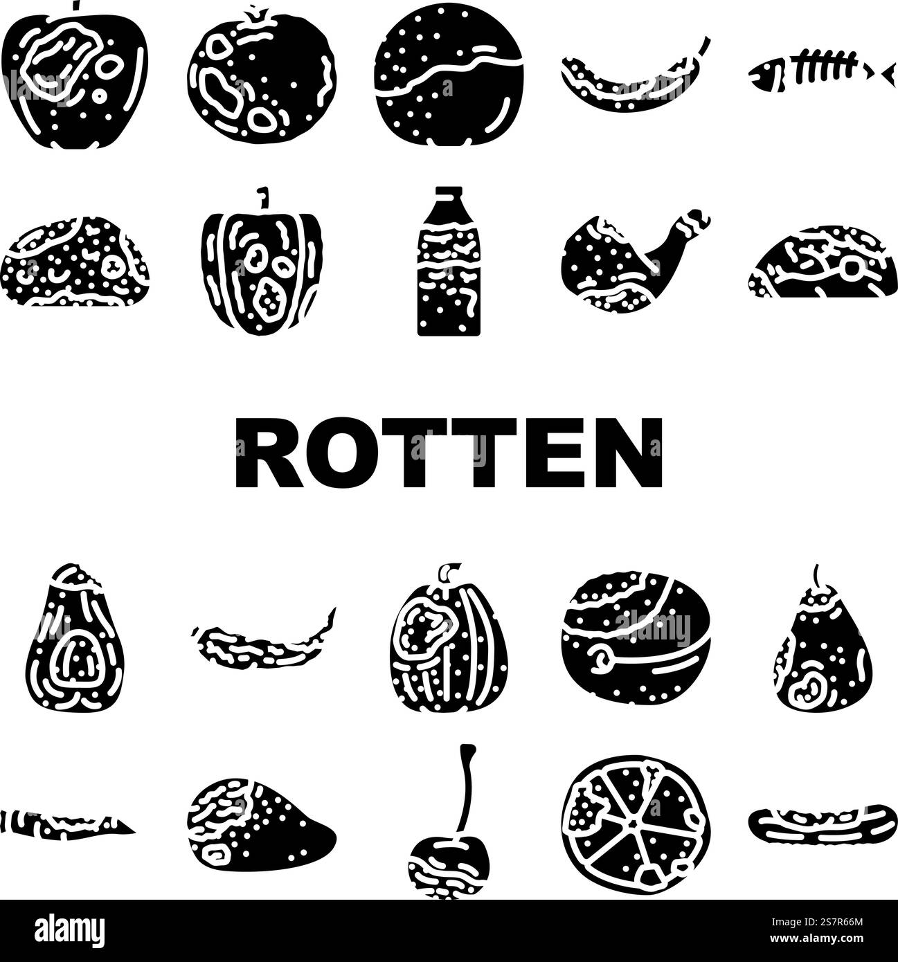 rotten food waste icons set vector. rubbish bad, trash, garbage fruit ...