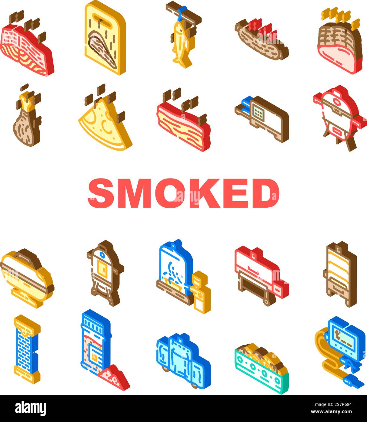 smoked meat bbq icons set vector. grill beef, barbeque cooking, food ...