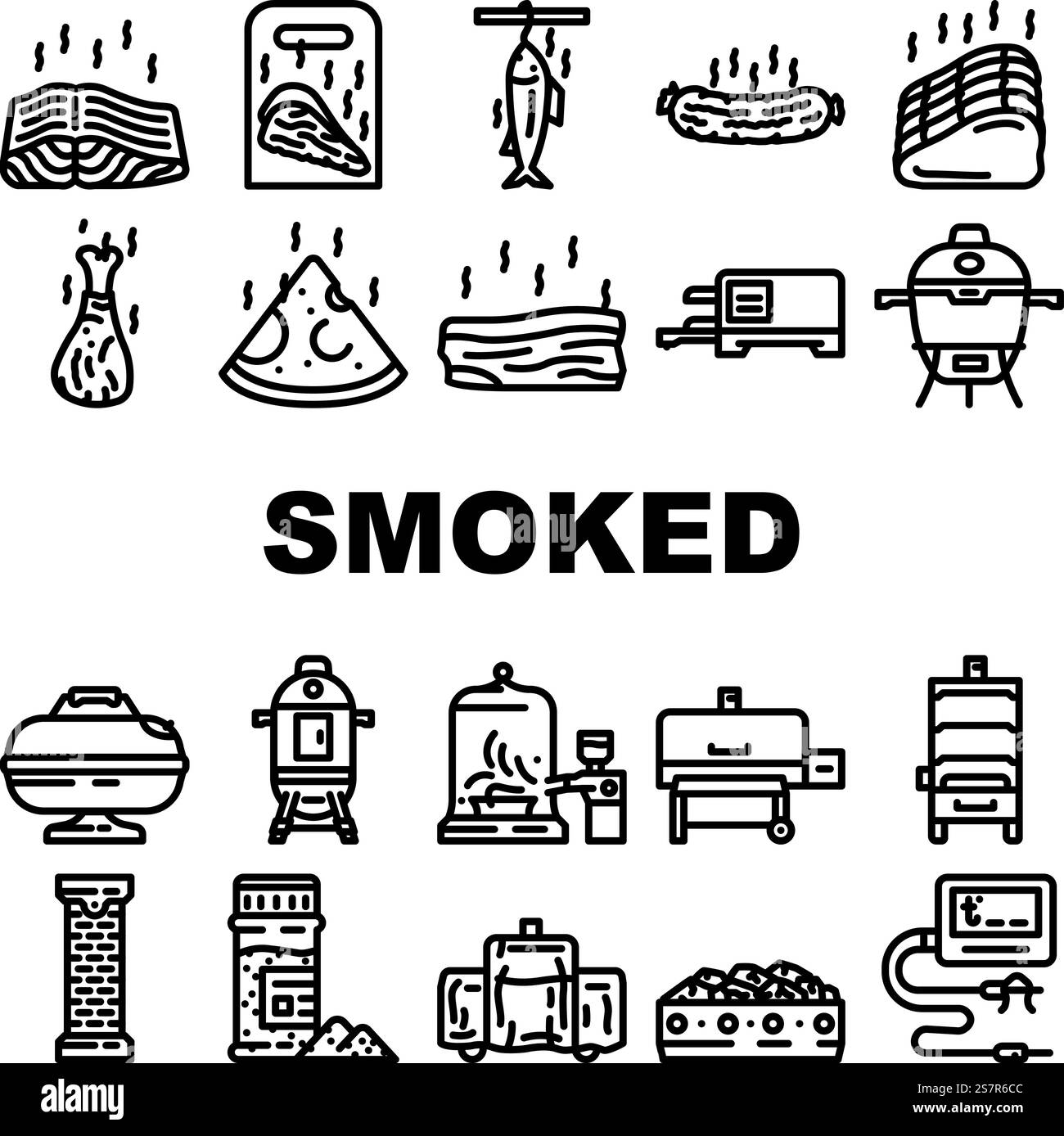 smoked meat bbq icons set vector. grill beef, barbeque cooking, food ...