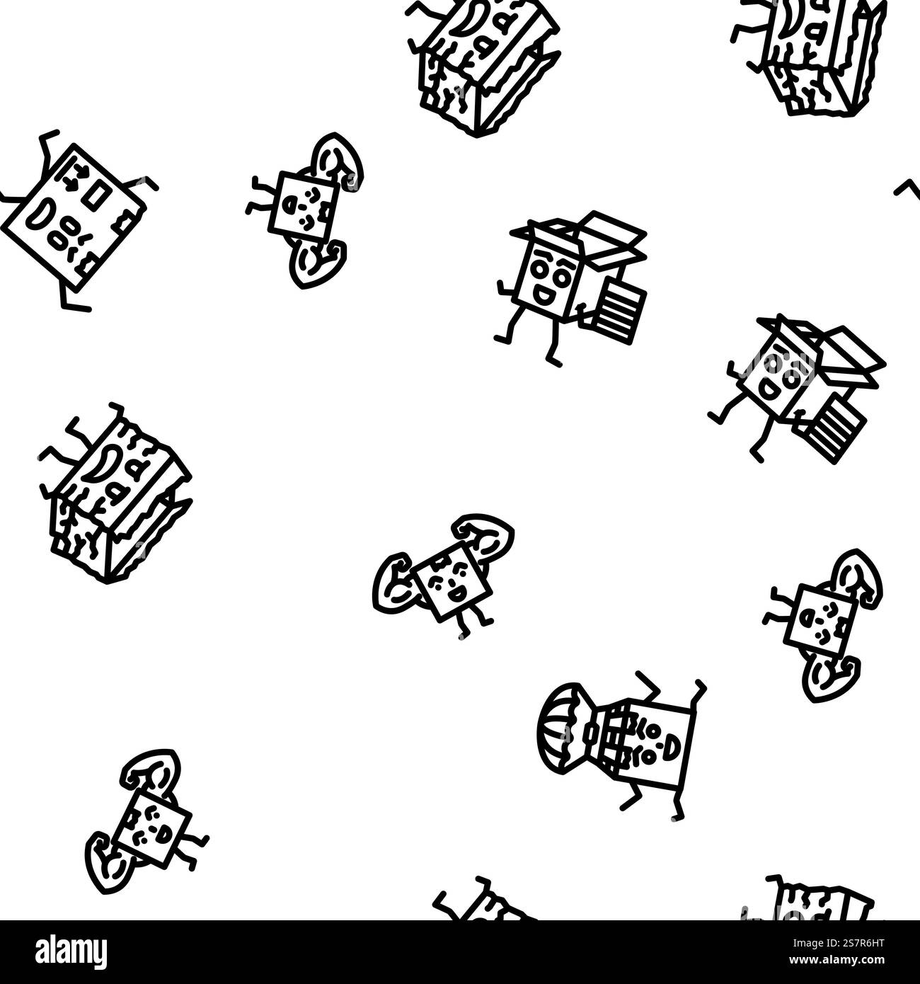 cardboard box character vector seamless pattern thin line illustration ...