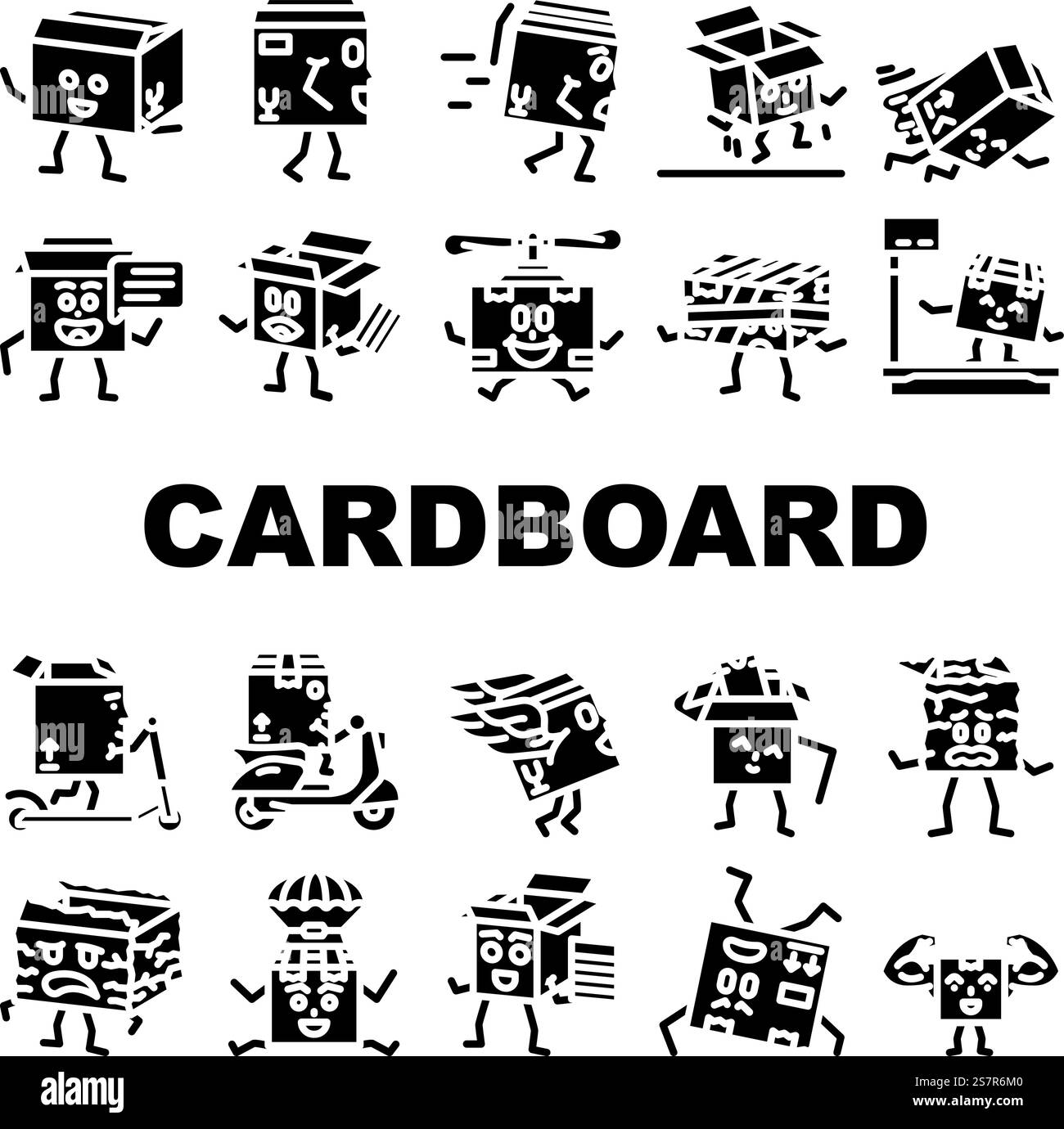 cardboard box character icons set vector. package delivery, carton ...