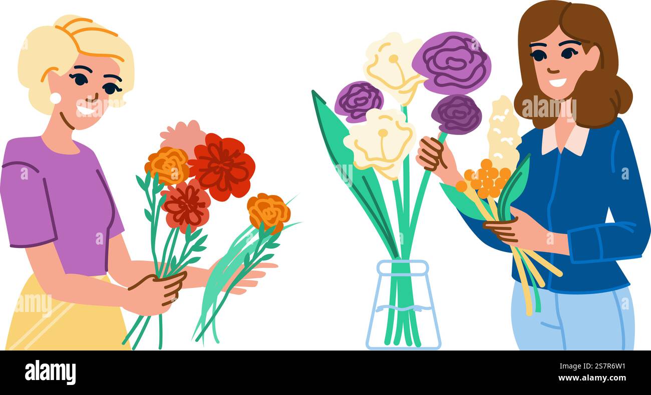 job woman arranging bouquet vector. apron care, service home, worker ...