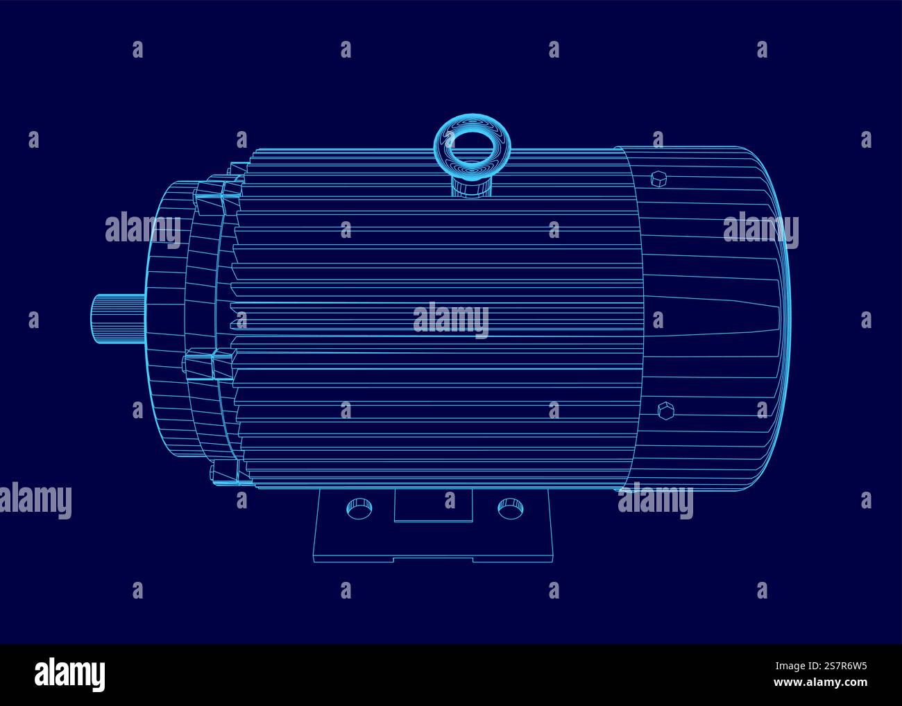Blue line drawing of a motor. The motor is shown in a 3D format. The ...