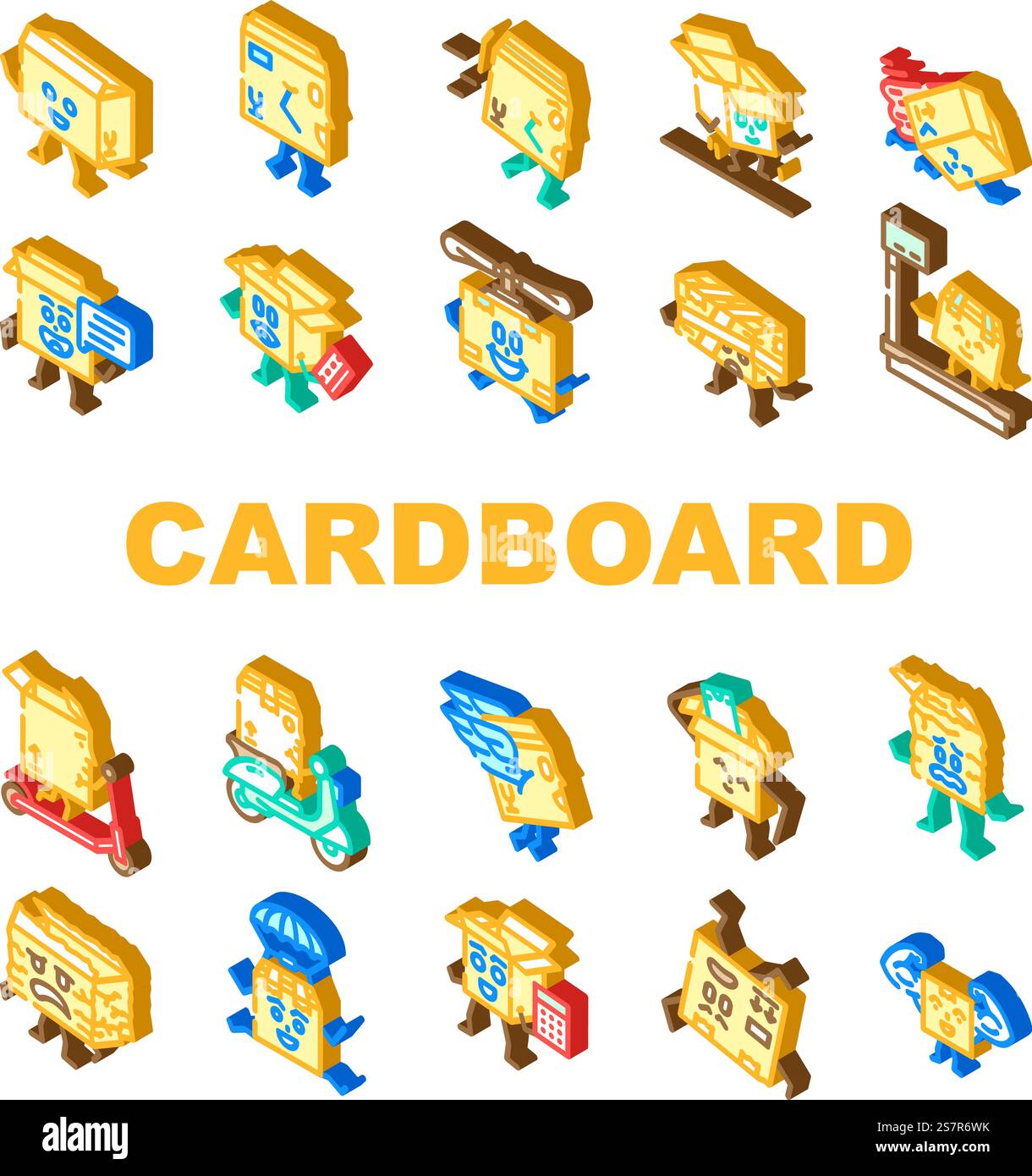 cardboard box character icons set vector. package delivery, carton ...