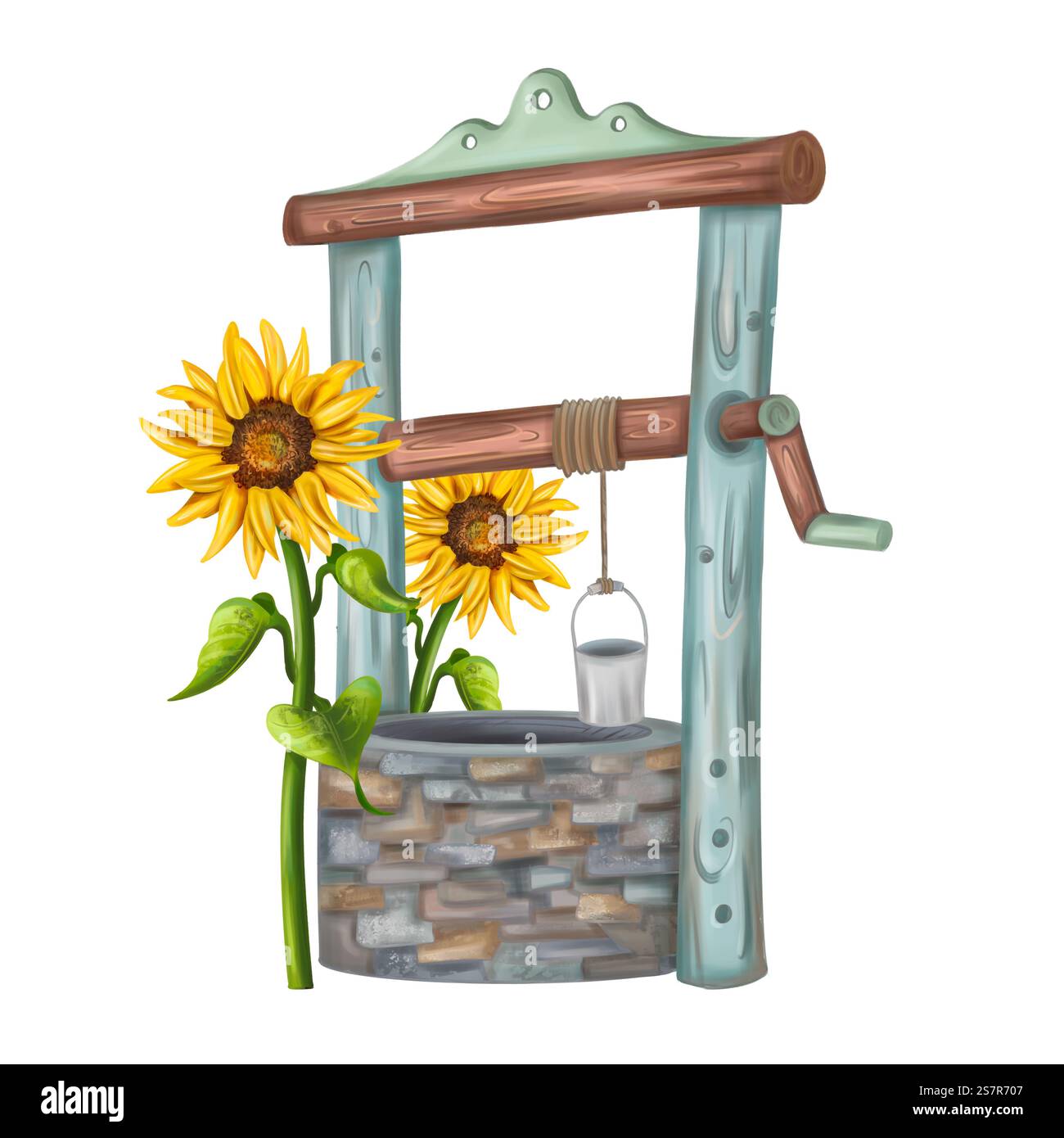 A well with water with sunflowers. Rural landscape, farmland, ranch ...