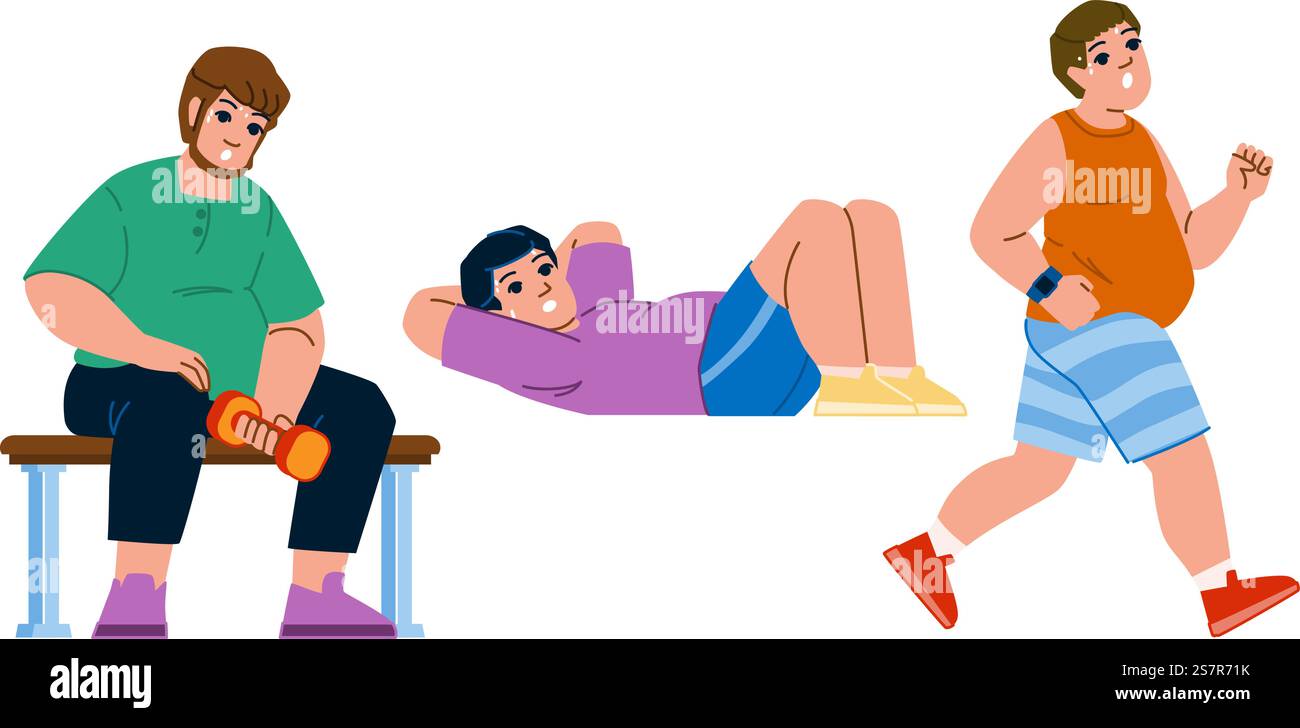 lifestyle overweight man fitness vector. health exercise, fat male ...