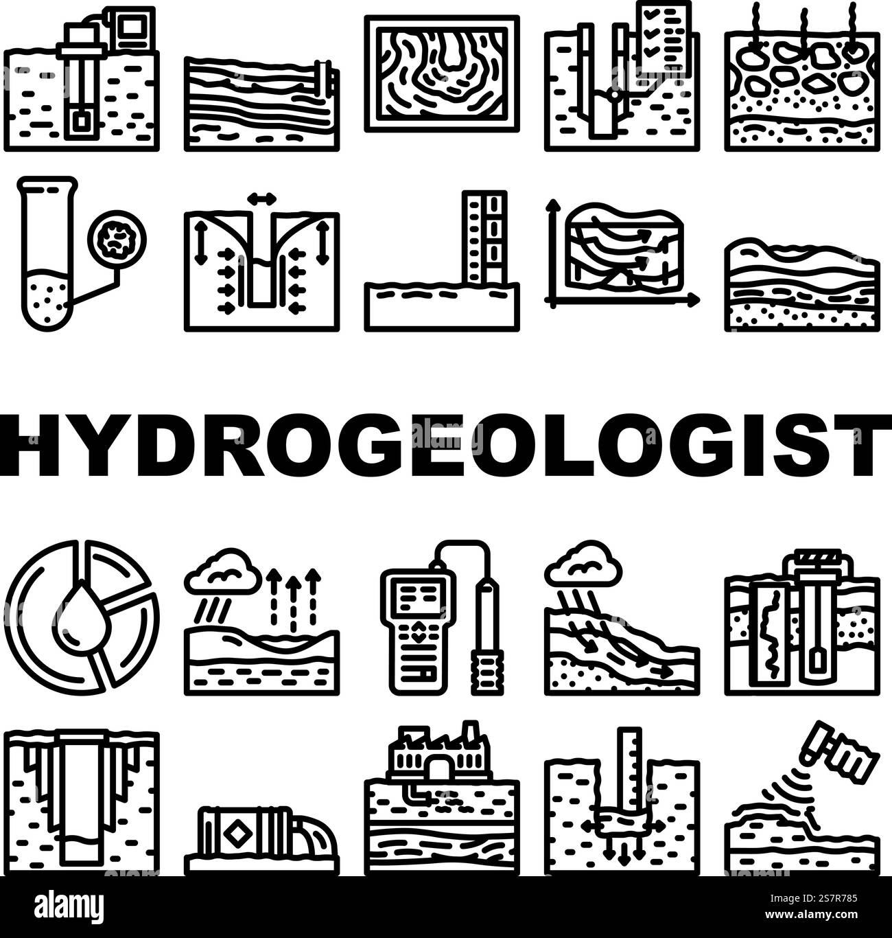 hydrogeologist industrial icons set vector. geology industry, pipe ...