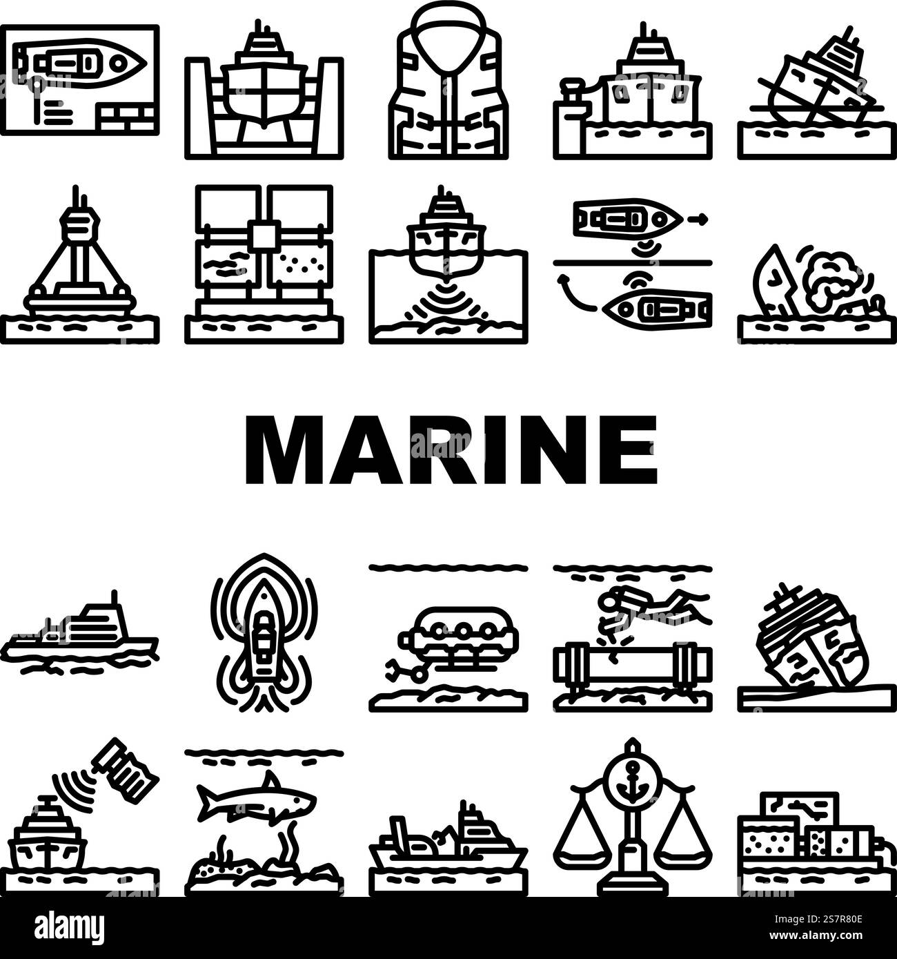 marine engineering ship icons set vector. vessel maritime, work, sea ...