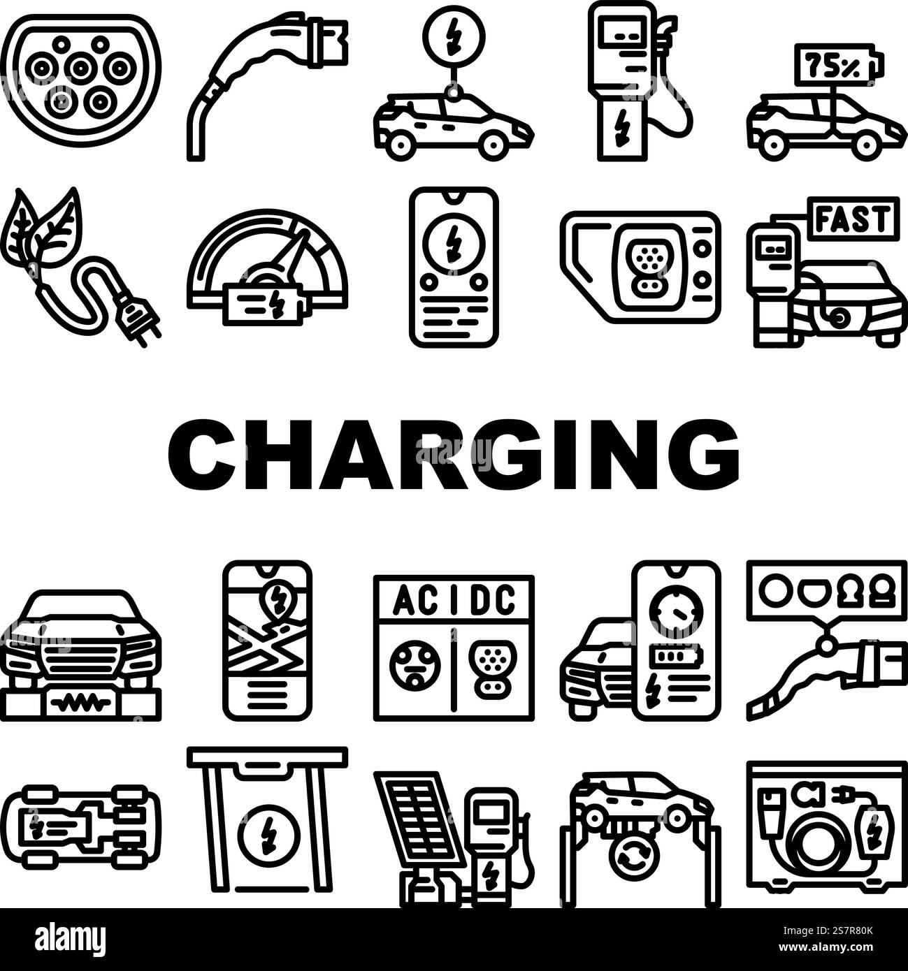 electric car charging icons set vector. station energy, vehicle auto ...