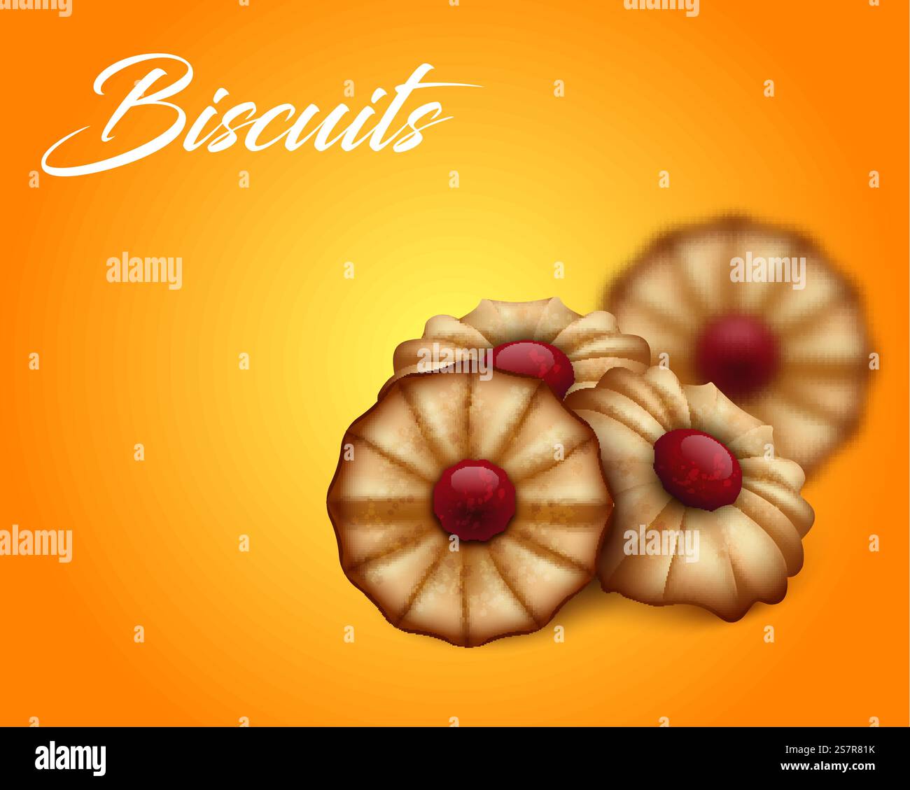 Buttery cookies with red jam on bright orange and yellow background ...