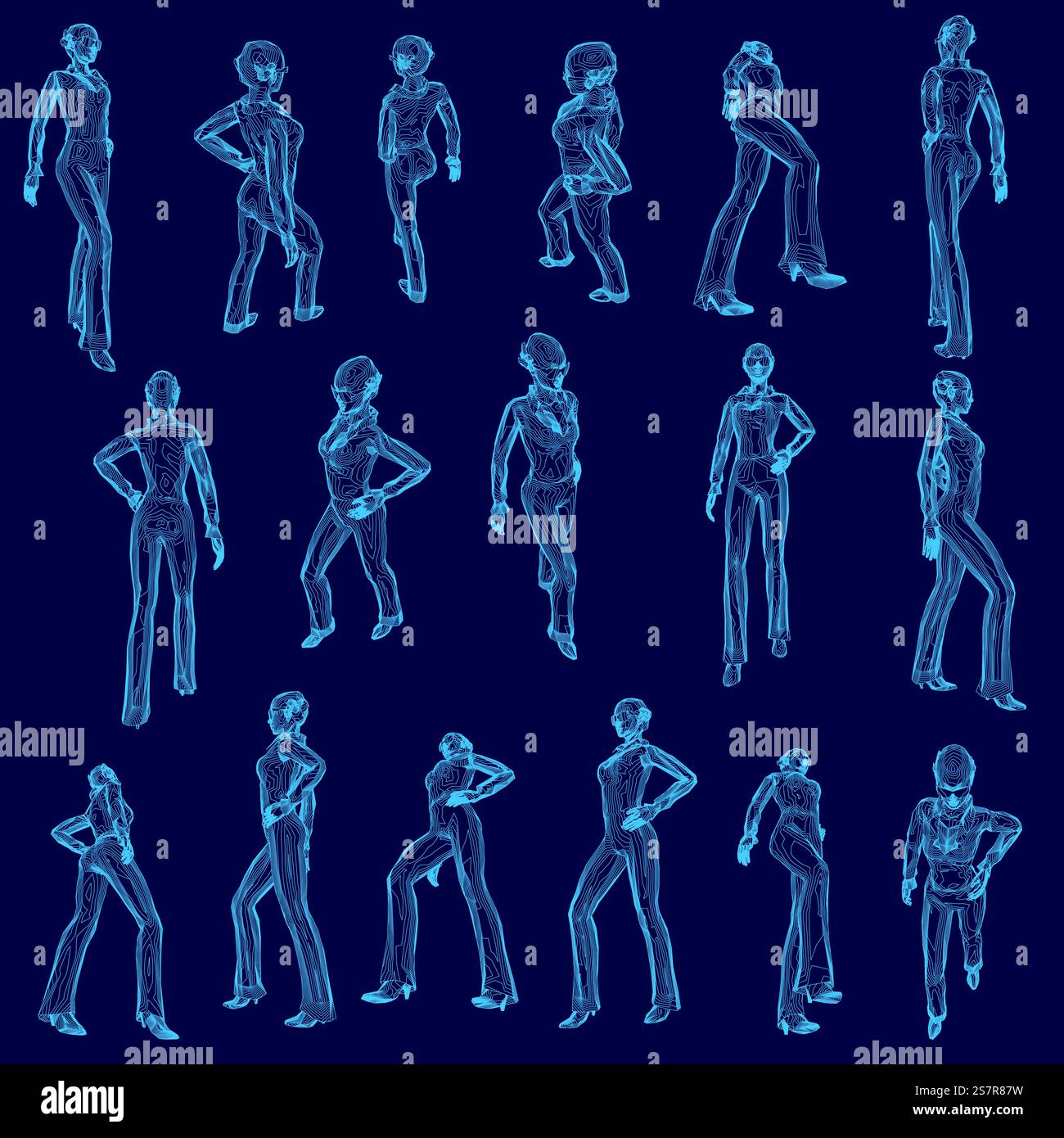 Series of blue drawings of people in various poses. The drawings are of ...