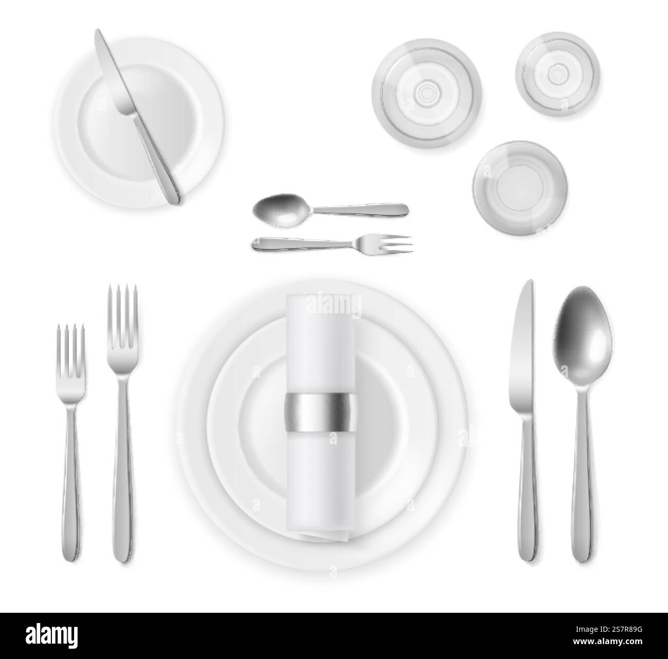 Table setting top view. Realistic 3d silver cutlery and white plates ...