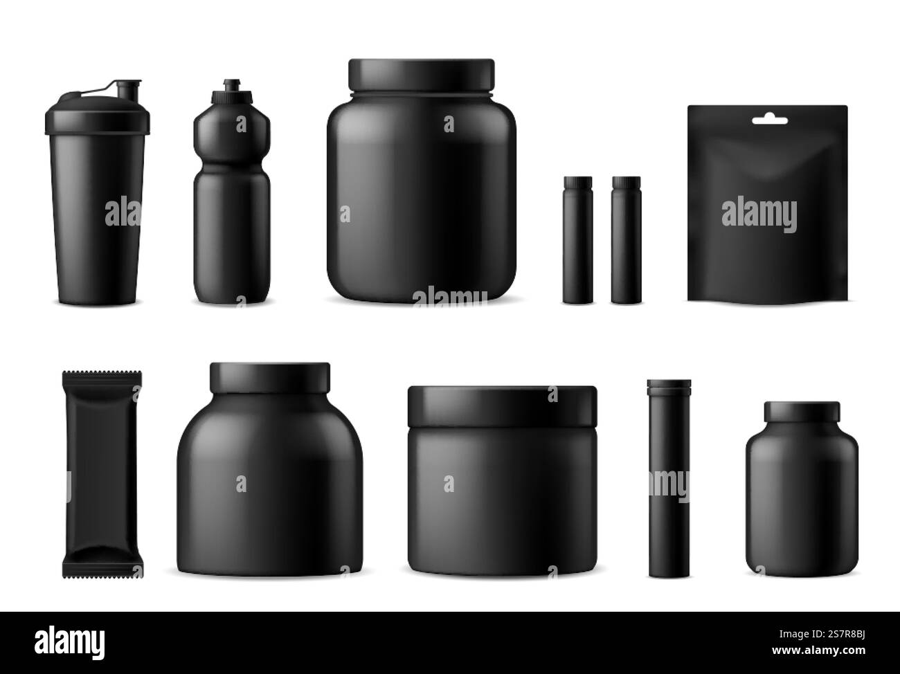 Sport food black containers. Whey protein, gainer powder and nutrition supplements packaging ...