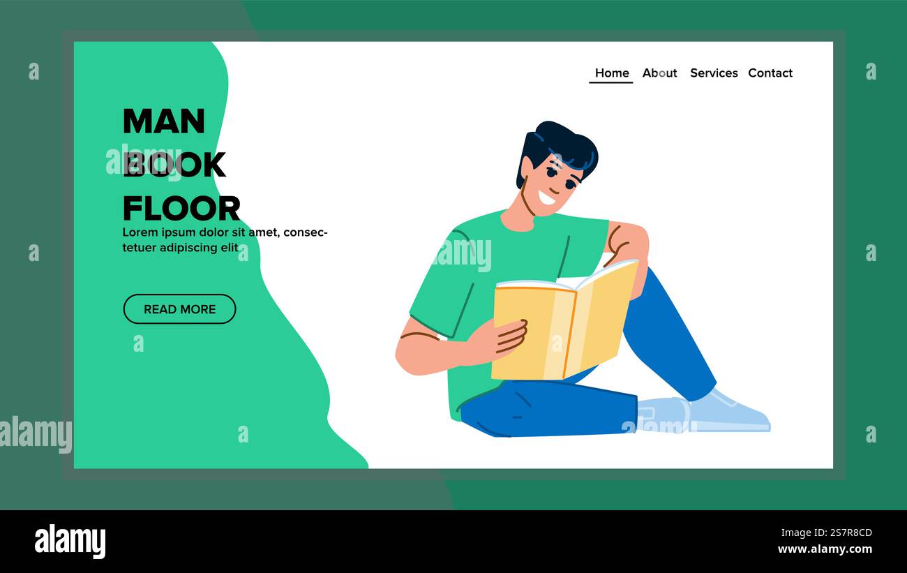 smiling man book floor vector. young happy, male home, education guy ...
