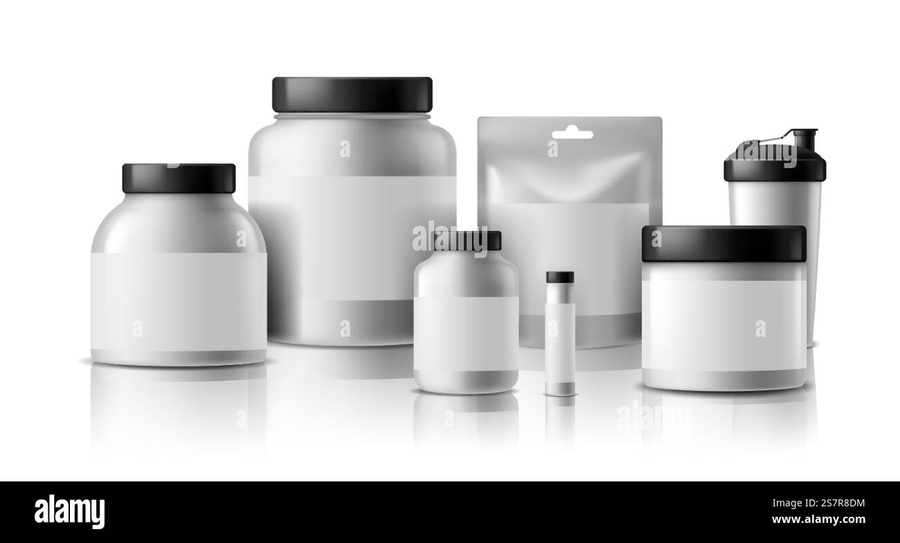 Sport food silver packaging. Healthy nutrition plastic containers ...