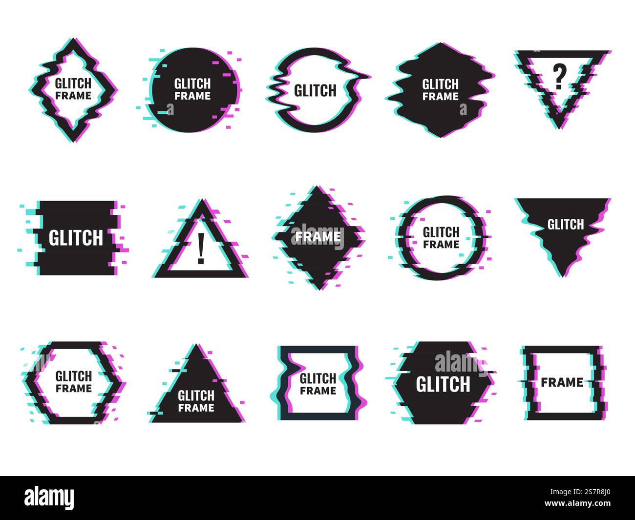 Glitch frames. Distorted graphics with abstract offset and neon glow ...