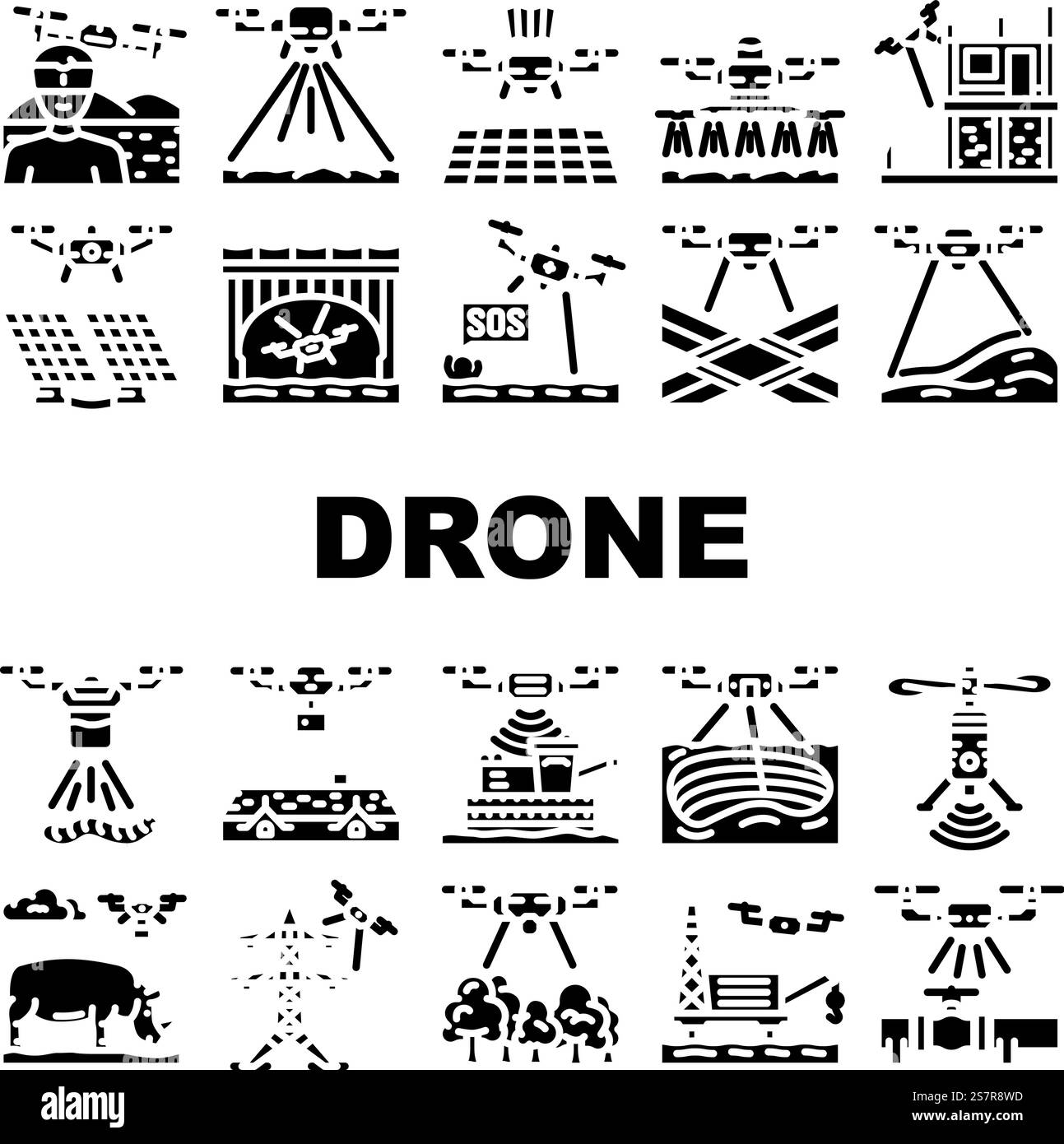 drone use technology icons set vector. agriculture farm, smart camera ...