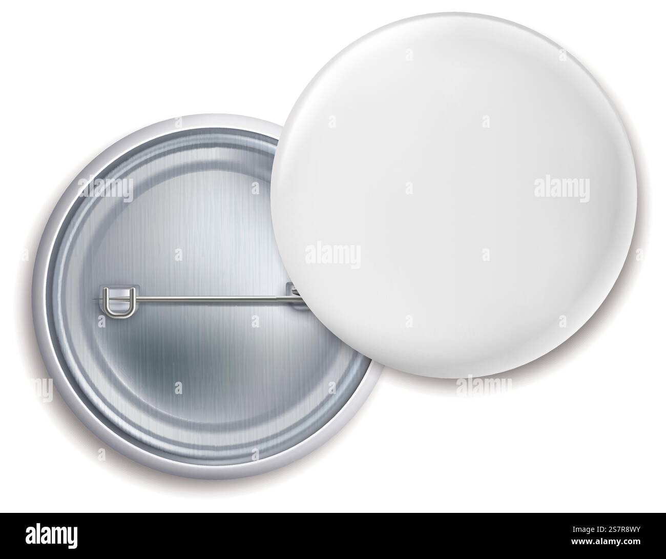 Pin badges round metal button badge front and back view hi-res stock ...