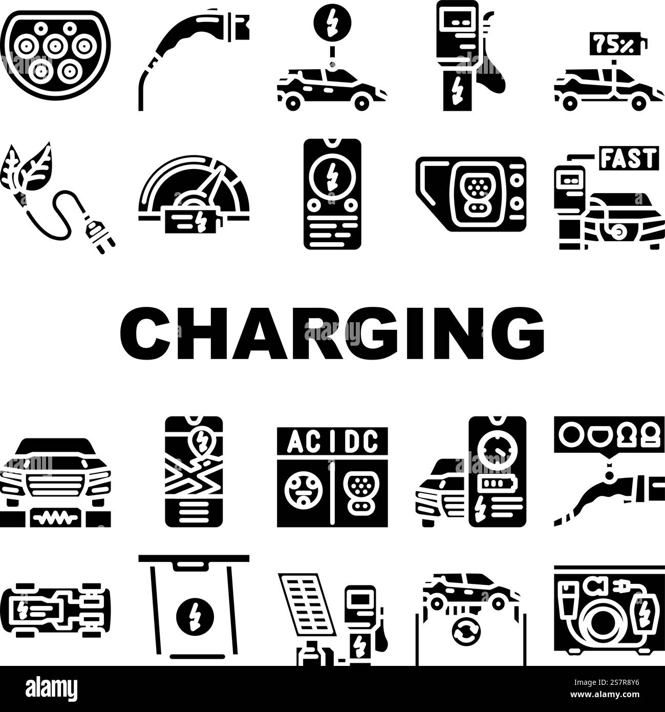 electric car charging icons set vector. station energy, vehicle auto ...