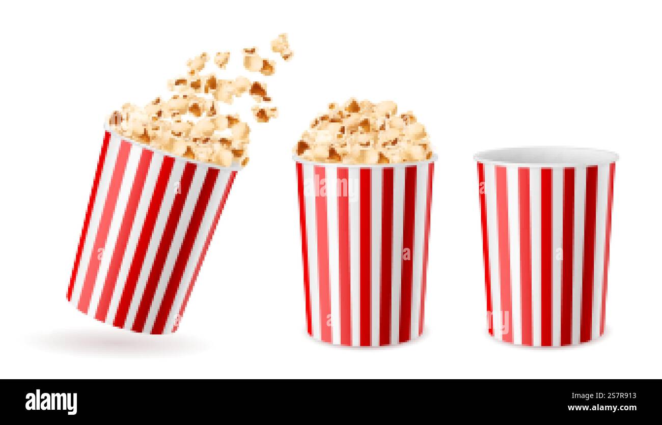 Realistic bucket popcorn. 3d corn snacks paper cups, striped red white ...