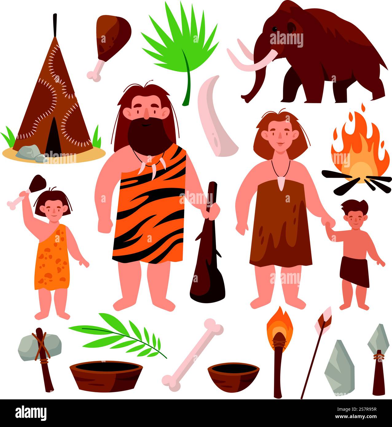 Stone age. People of prehistoric times. Cartoon family tribe. Cute ...
