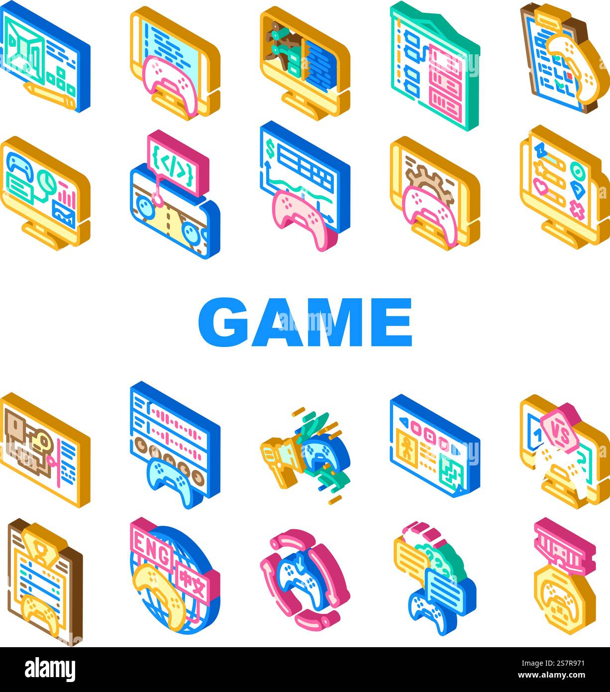 game development software icons set vector. computer screen, industry technology, office people ...