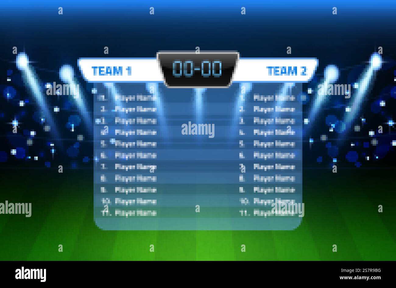 Football stadium. Digital game screen with player lists, soccer field ...