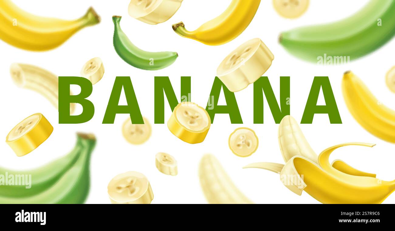 Flying fruit background. Realistic yellow and green bananas in motion ...