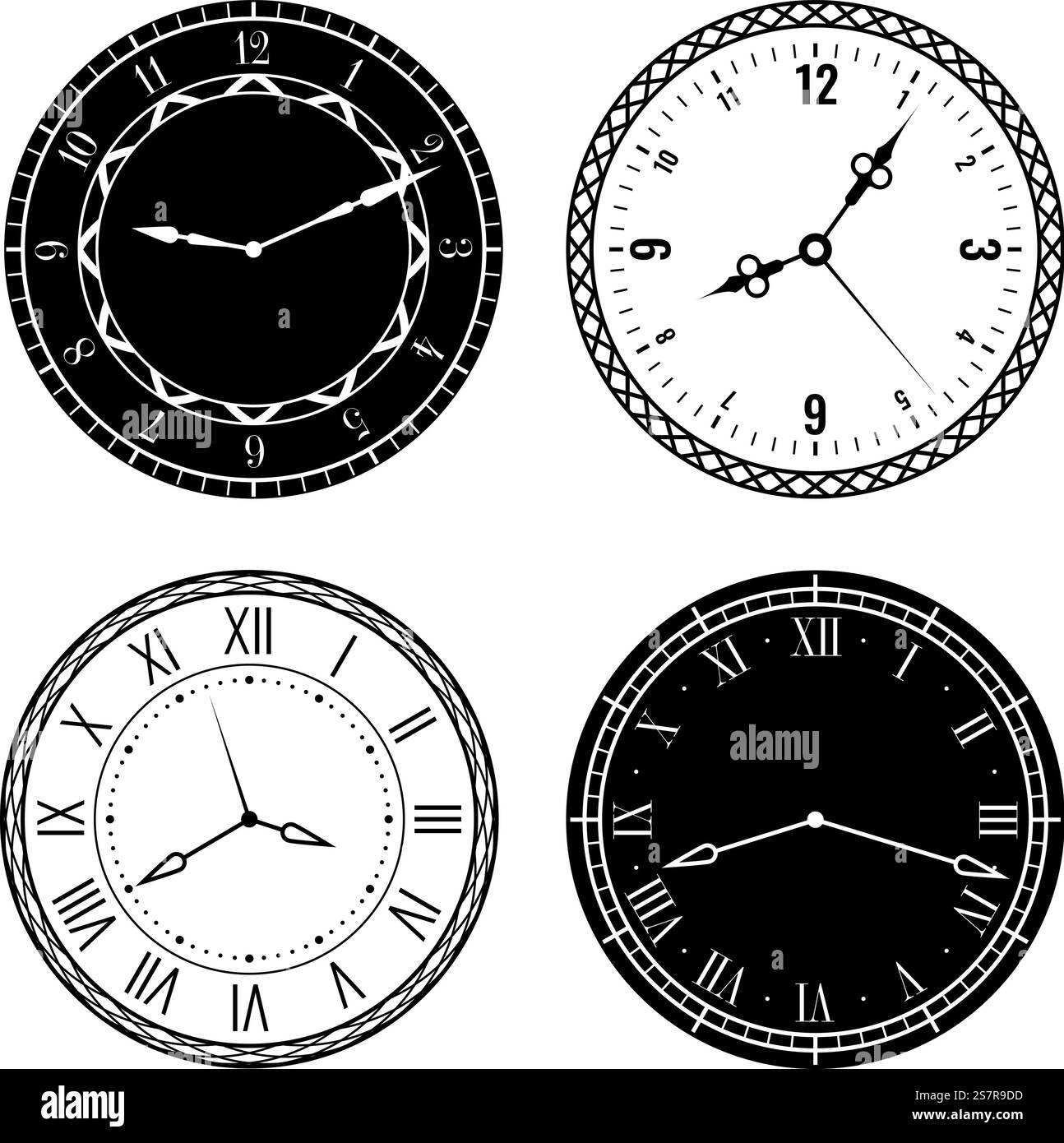 Clock faces. Elegant design parts watches with roman and arabic ...