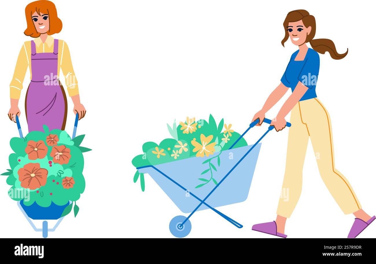 plant garden woman wheelbarrow vector. work ing, er green, hobby ...