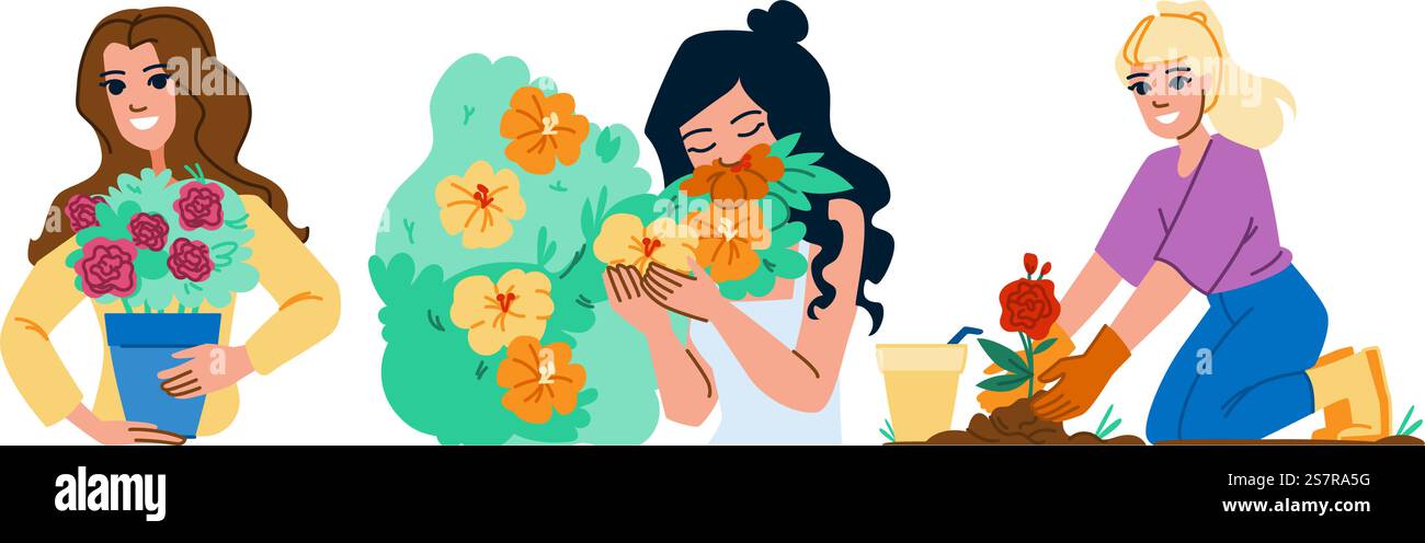 nature garden woman planting flowers vector. pot summer, growing female ...