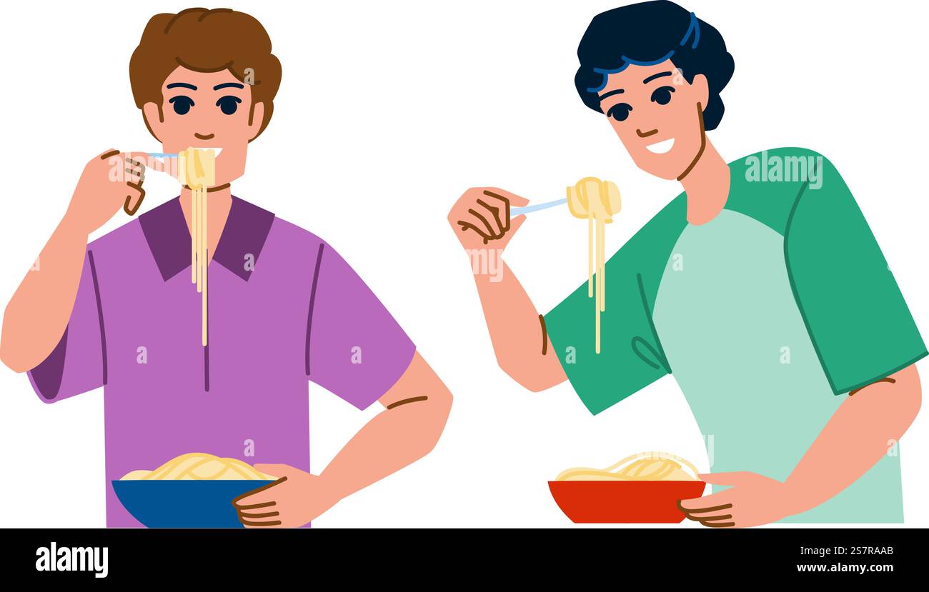 male eating noodles man vector. young bowl, meal eat, asian ramen male ...