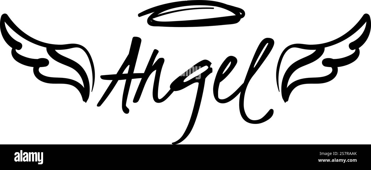 Holy angel wings with halo sketch. Hand drawn emblem isolated on white ...