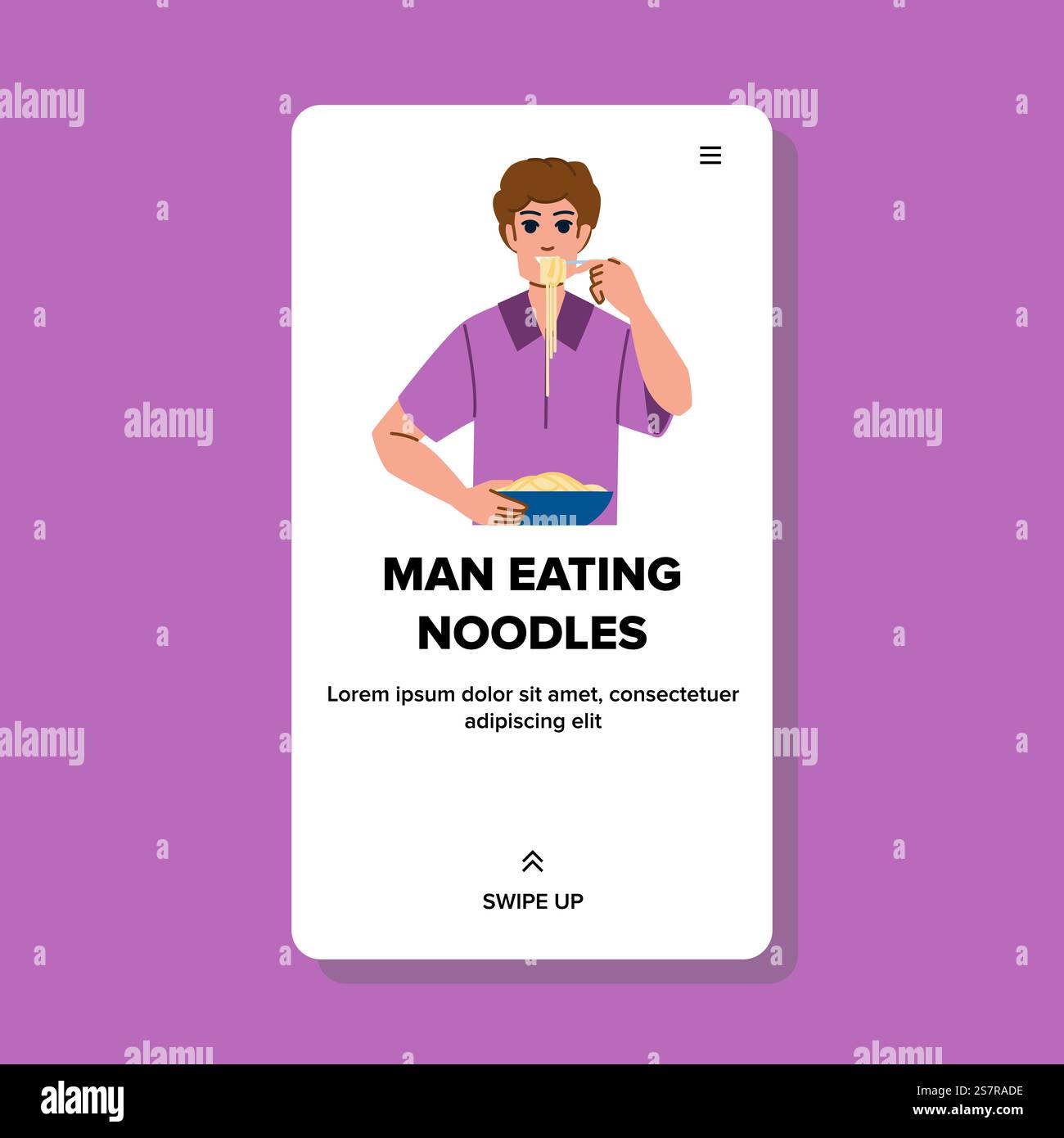 food man eating noodles vector. male asian, bowl ramen, portrait ...