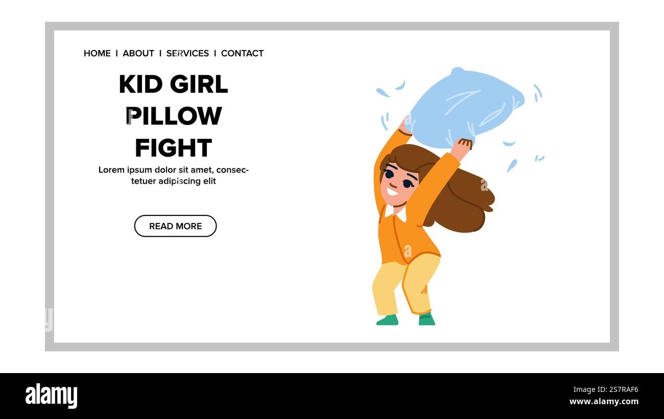 bed kid girl pillow fight vector. family little, cute child bed kid ...
